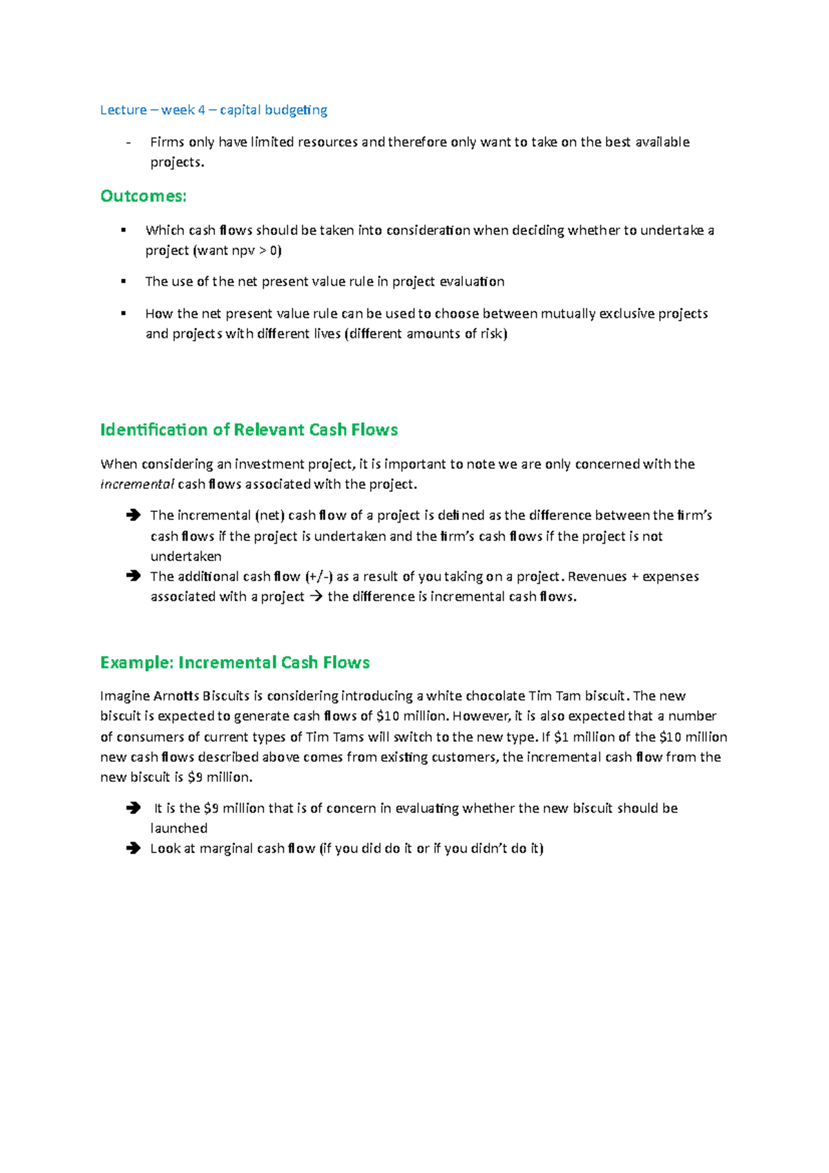 FINM1001 - lecture week 4 - Lecture – week 4 – capital budgeting Firms only have limited ...