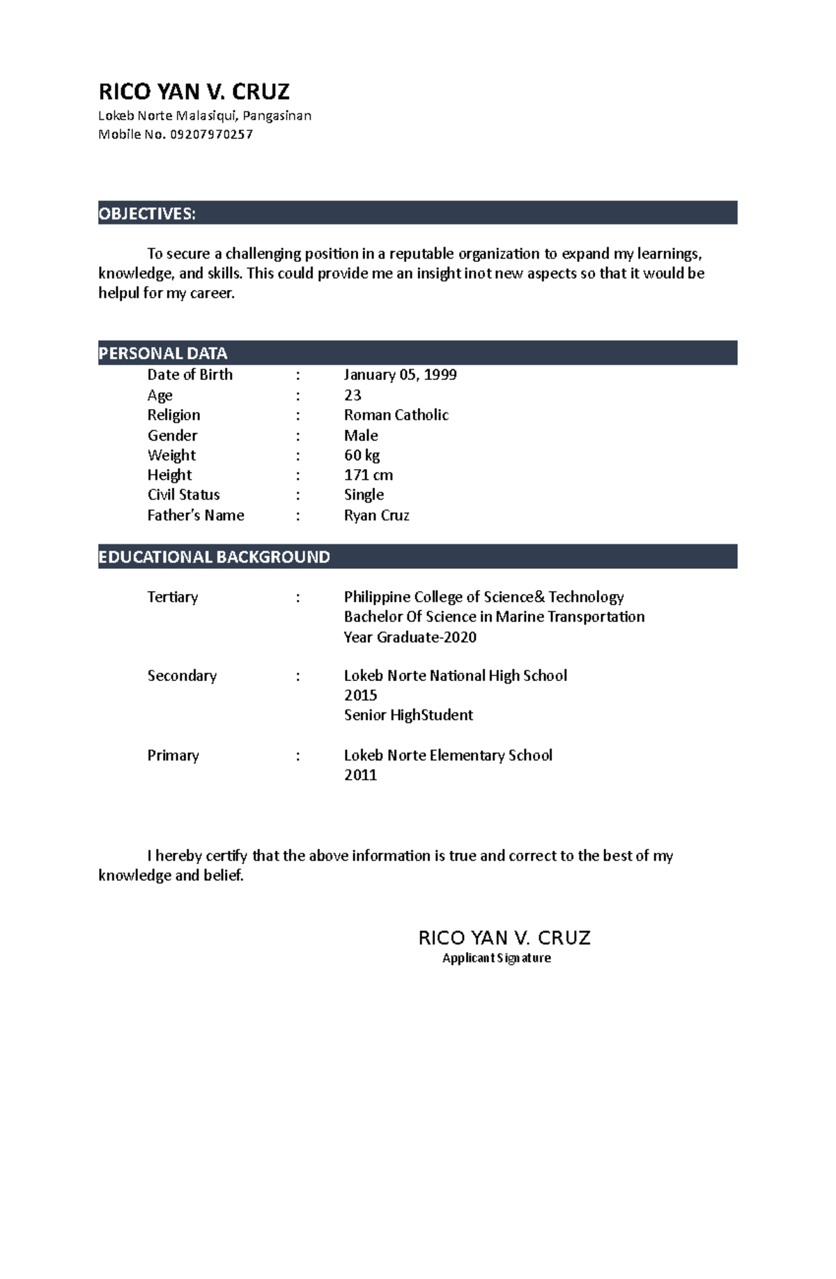 Rico - resume - RICO YAN V. CRUZ Lokeb Norte Malasiqui, Pangasinan ...