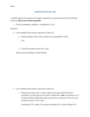 Igneous lab part 1 - Lab assignment - IGNEOUS ROCK LAB Carefully ...