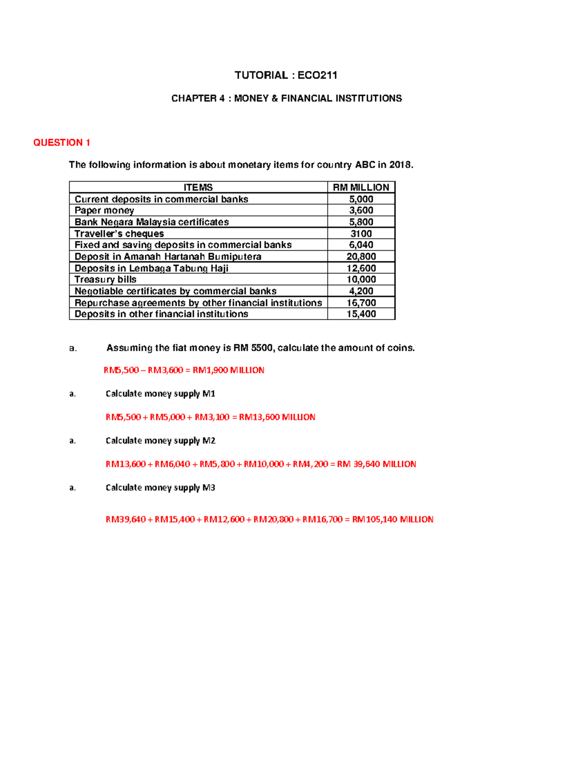 ECO211 Tutorial CHP 4 - .,. - TUTORIAL : ECO CHAPTER 4 : MONEY & FINANCIAL INSTITUTIONS QUESTION ...