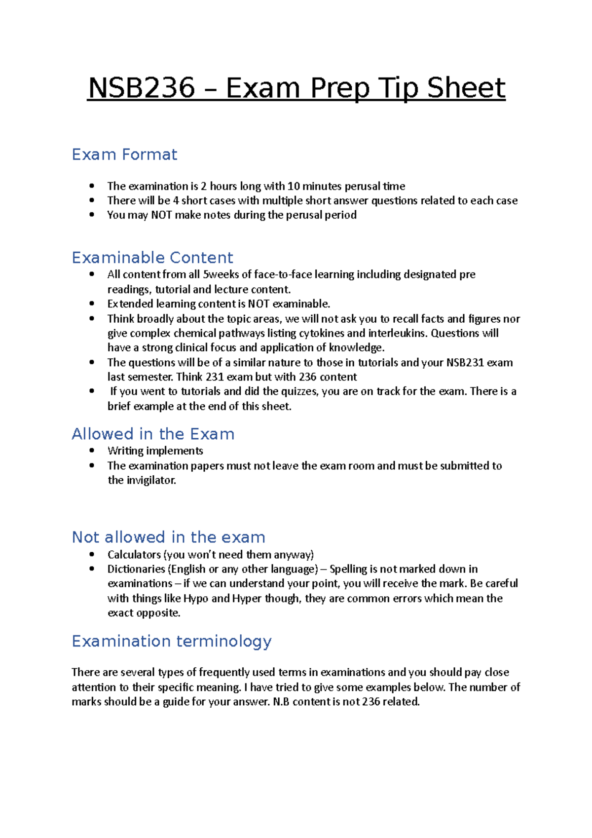 NSB236 - Exam Prep Sheet(3) - NSB236 – Exam Prep Tip Sheet Exam Format ...