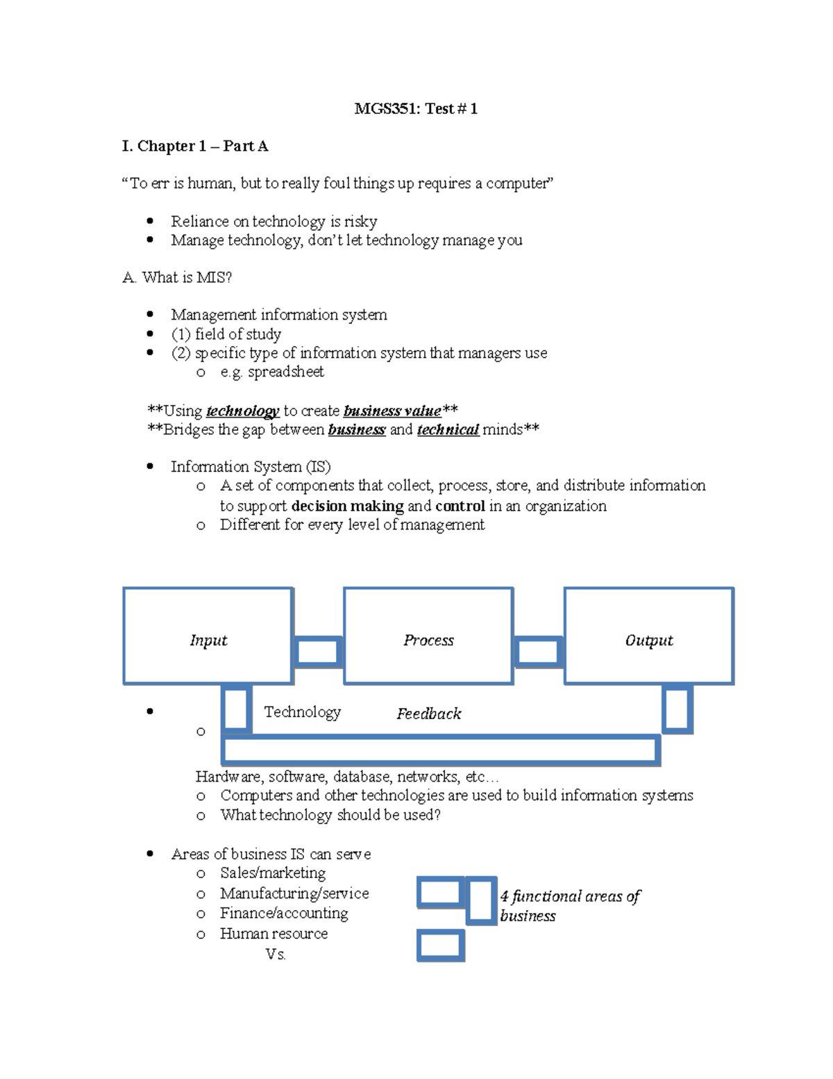 MGS Exam 1 Review Sheet -1 - MGS351: Test # 1 I. Chapter 1 – Part A “To ...