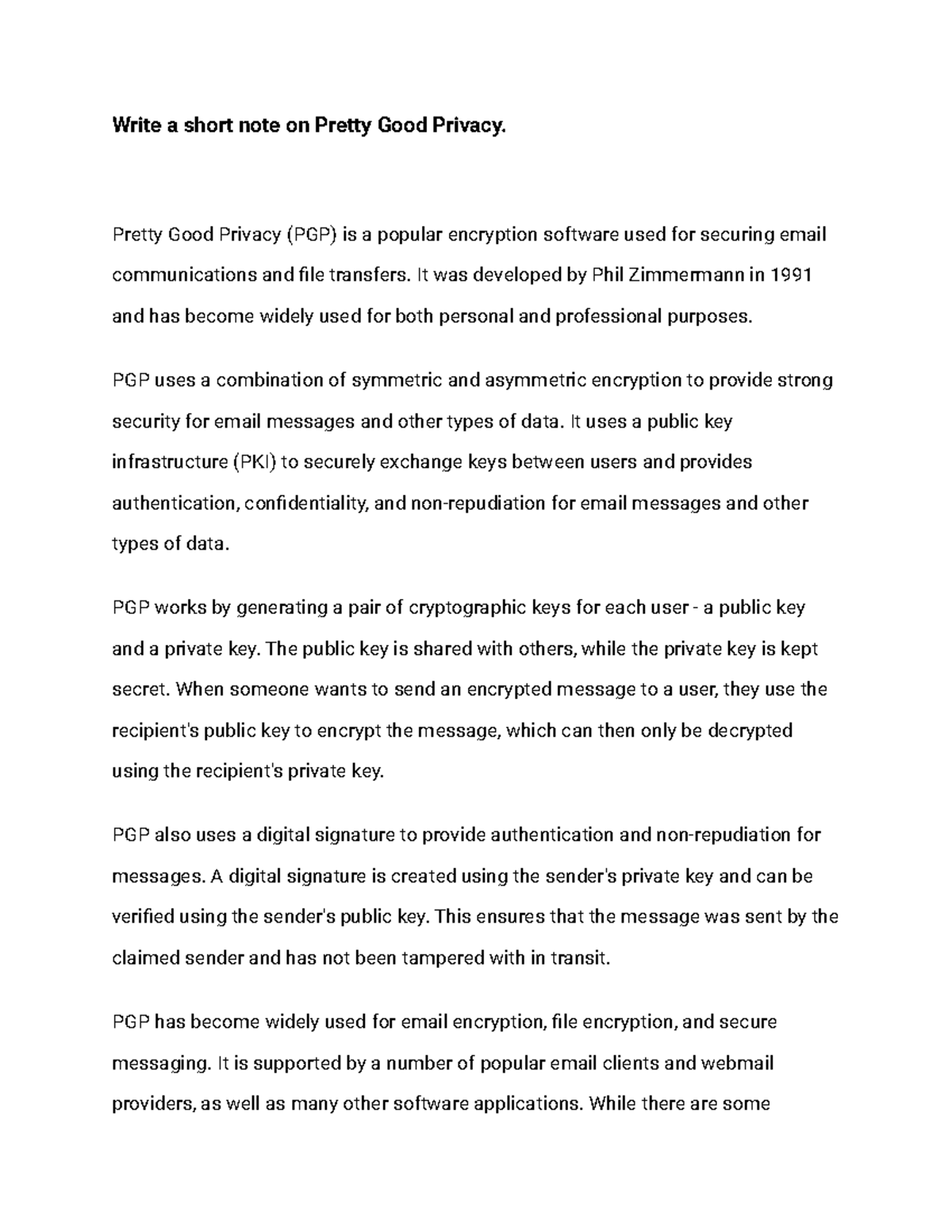 Write a short note on Pretty Good Privacy - Pretty Good Privacy (PGP ...