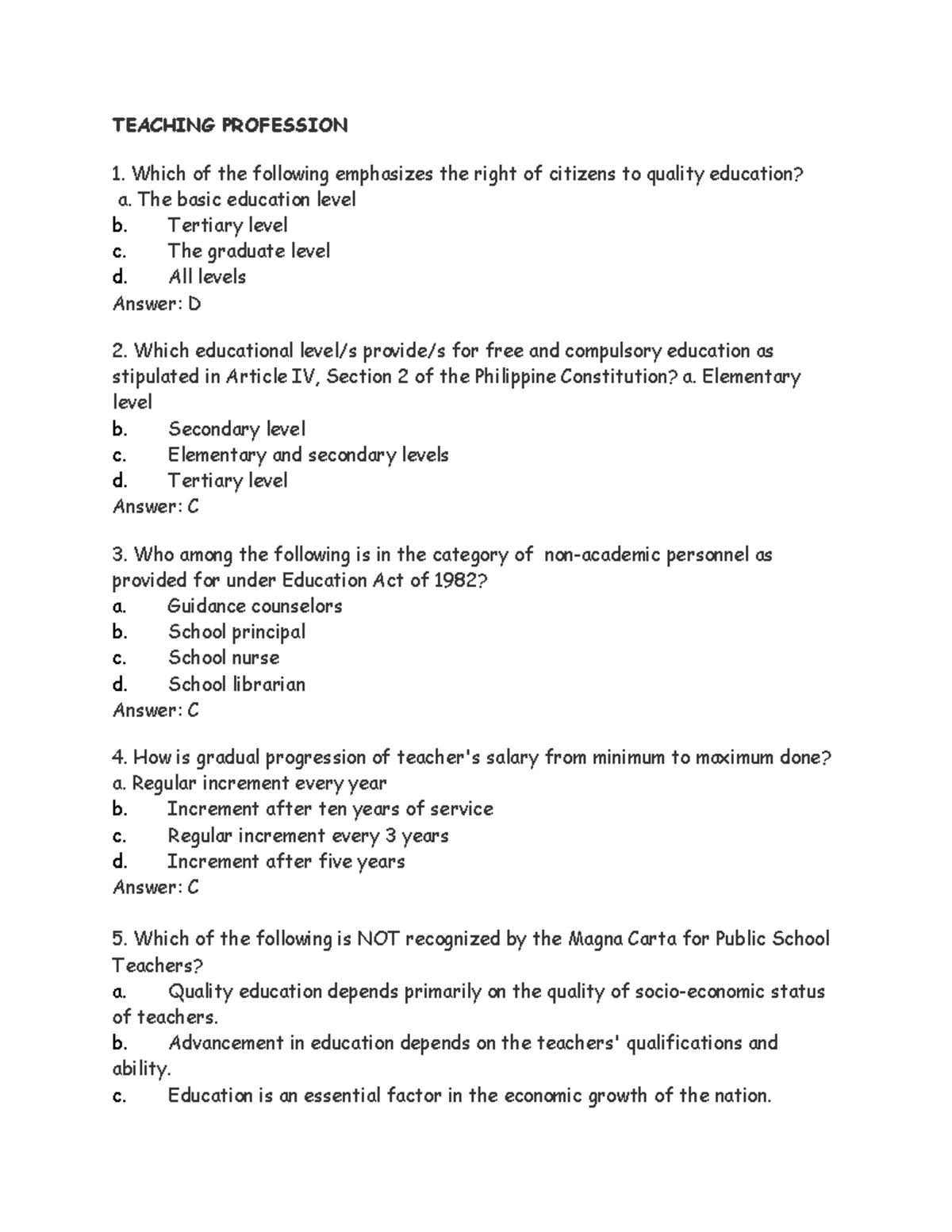 Teaching Profession - TEACHING PROFESSION Which of the following ...