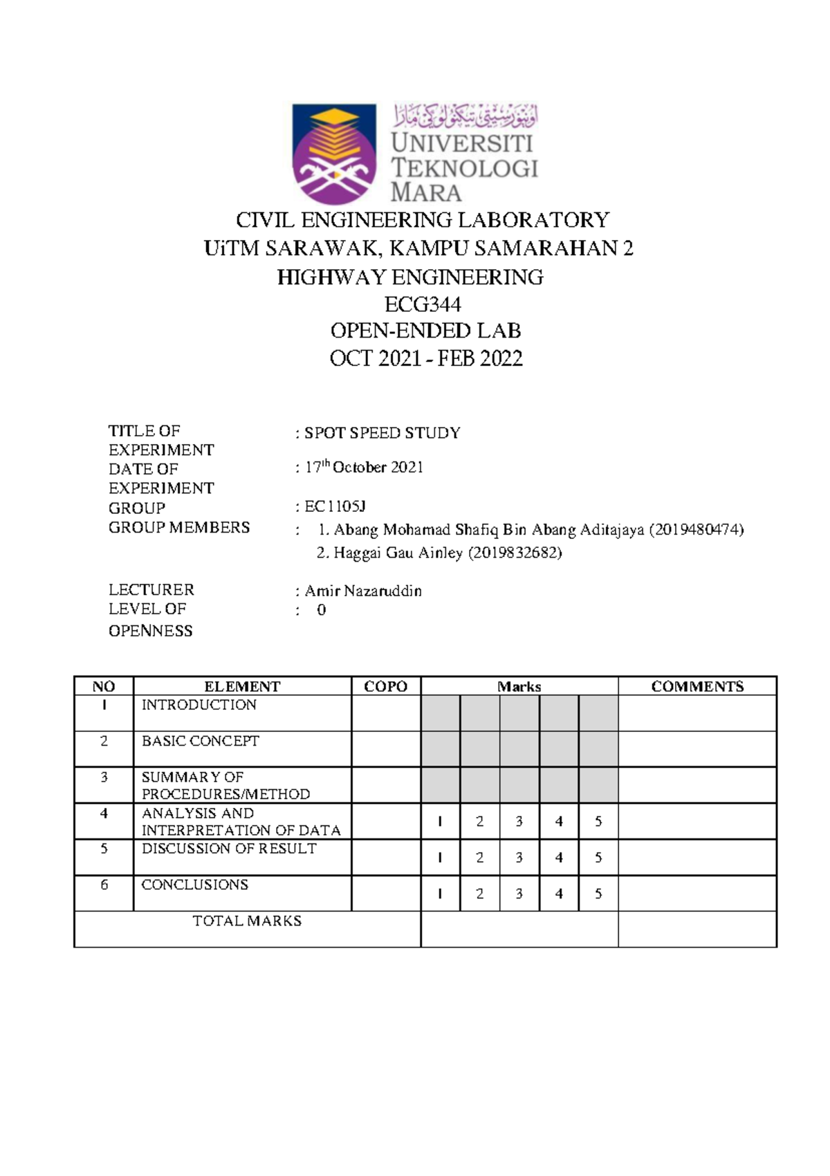ECG344 LAB1 SPOT Speed Study - CIVIL ENGINEERING LABORATORY UiTM ...