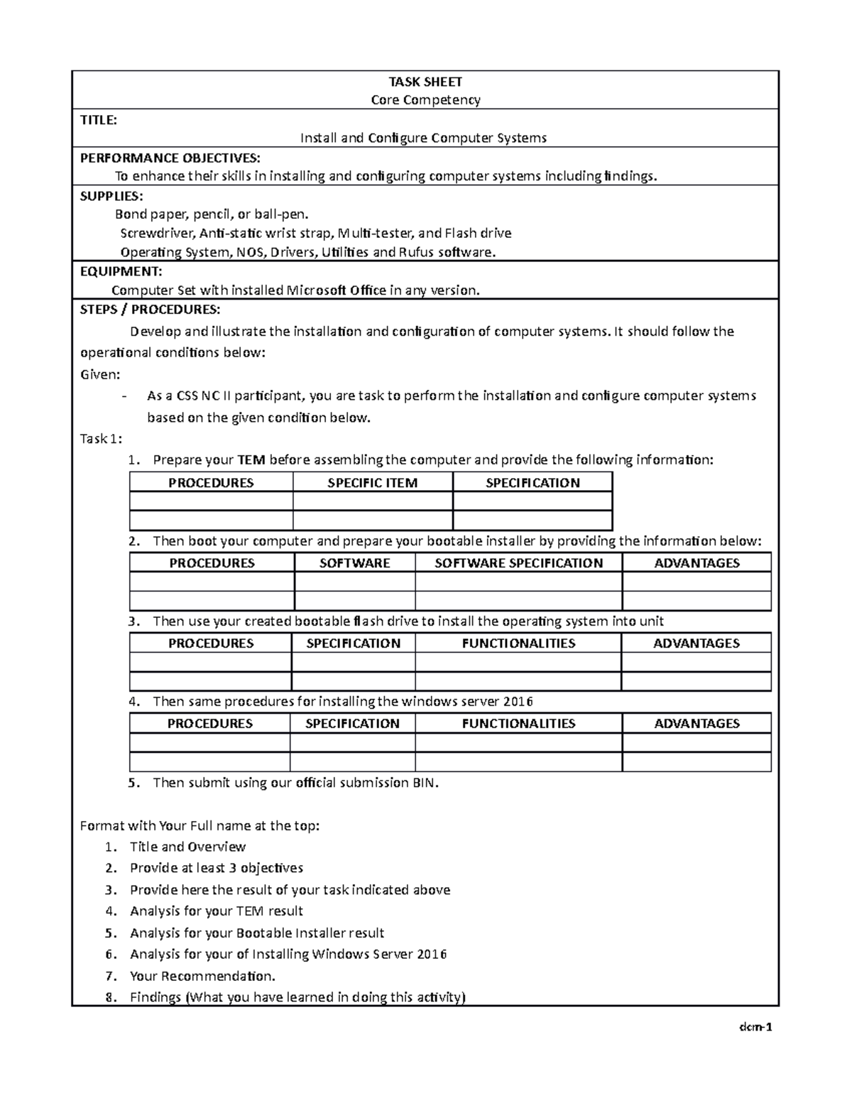 Task Sheet 5 - To practice - TASK SHEET Core Competency TITLE: Install ...