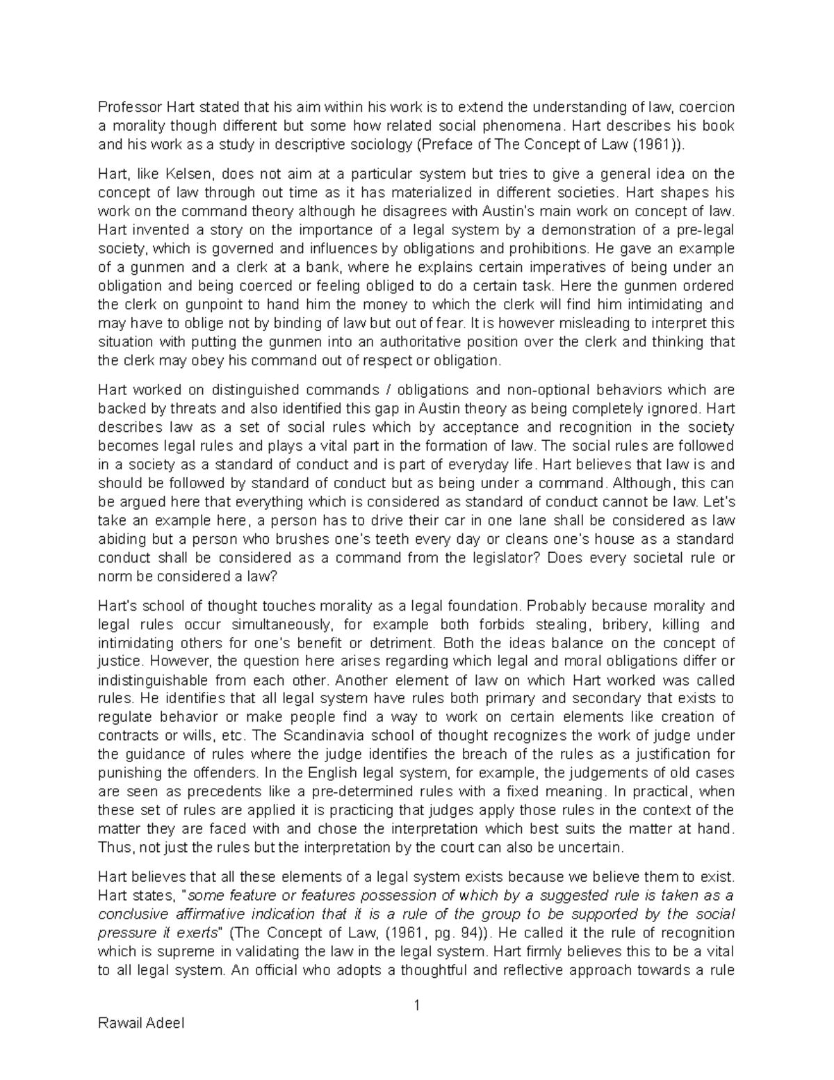 undergraduate jurs law - Professor Hart stated that his aim within his ...