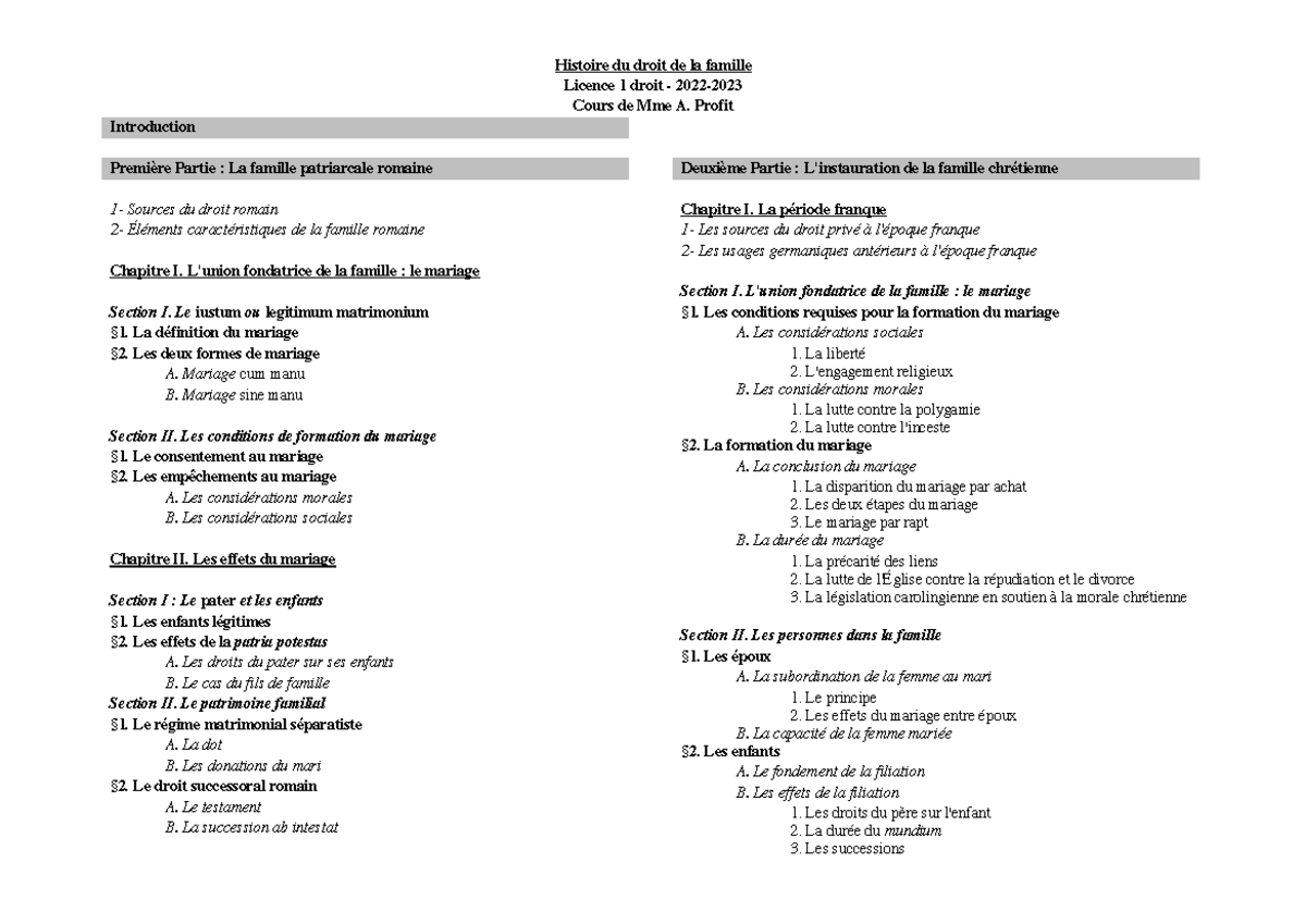 HDF plan 2022 2023 - plan du cours histoire du droit de la famille ...