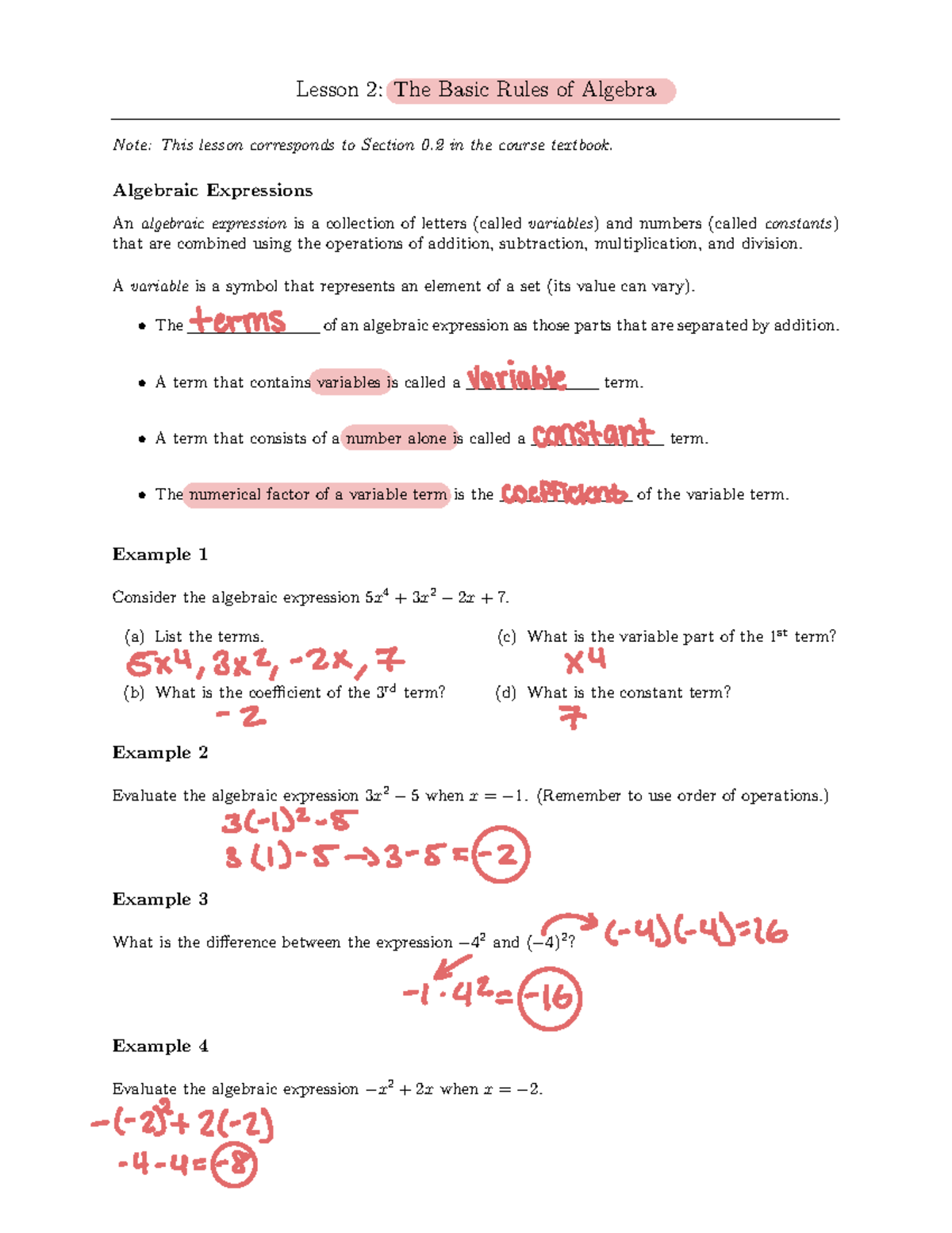 M119-Notes 2 - McClurkin - Lesson 2: The Basic Rules of Algebra Note ...