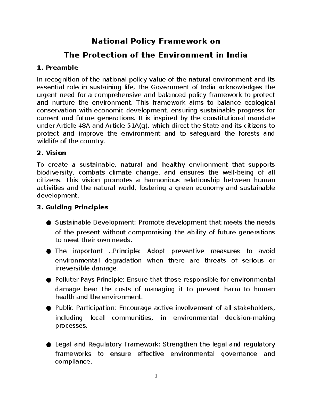 National Policy Framework on the Protection of the Environment in India ...