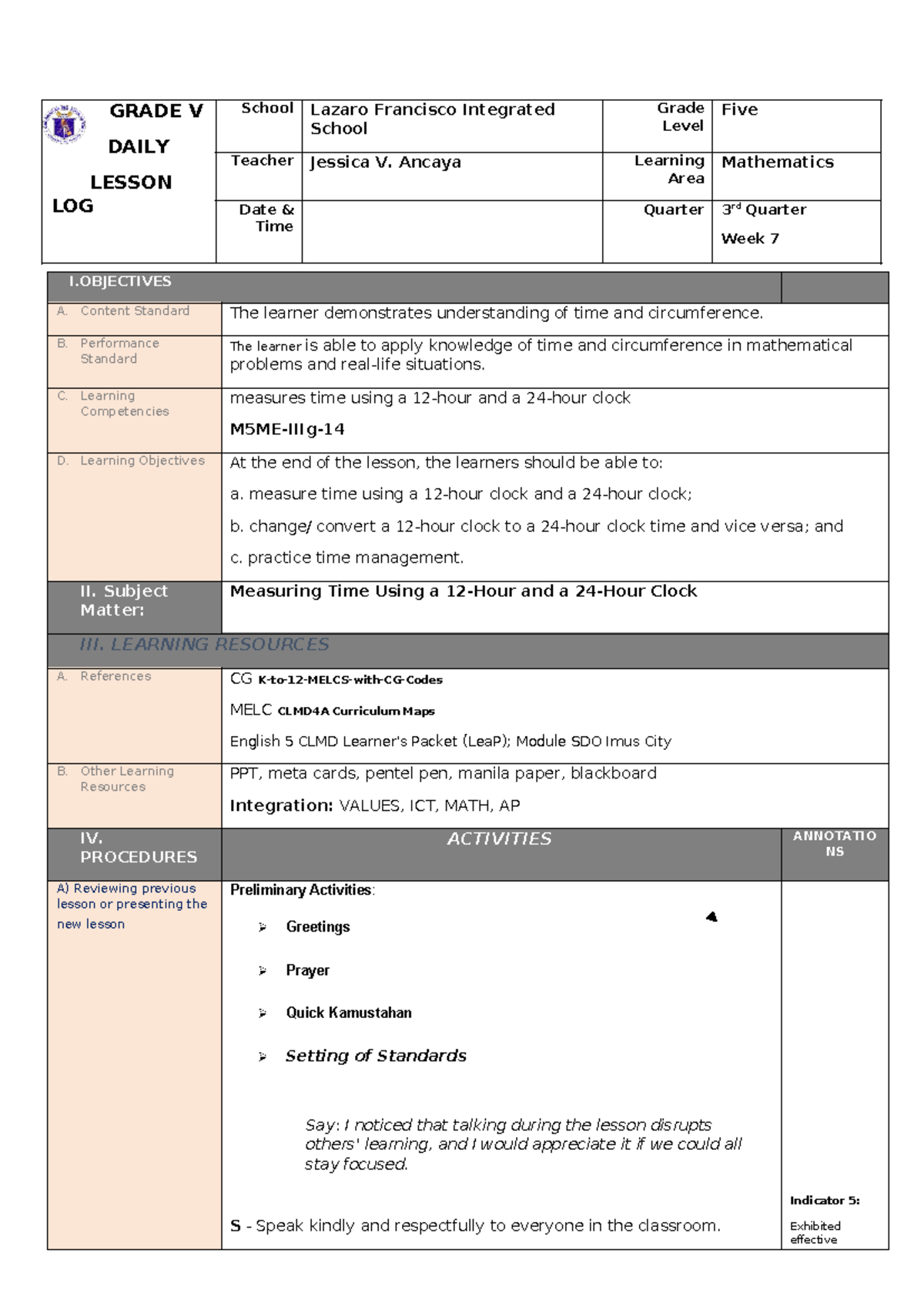 COT MATH5 qtr3 Wk7 - Detailed Lesson Plan in Mathematics - GRADE V ...