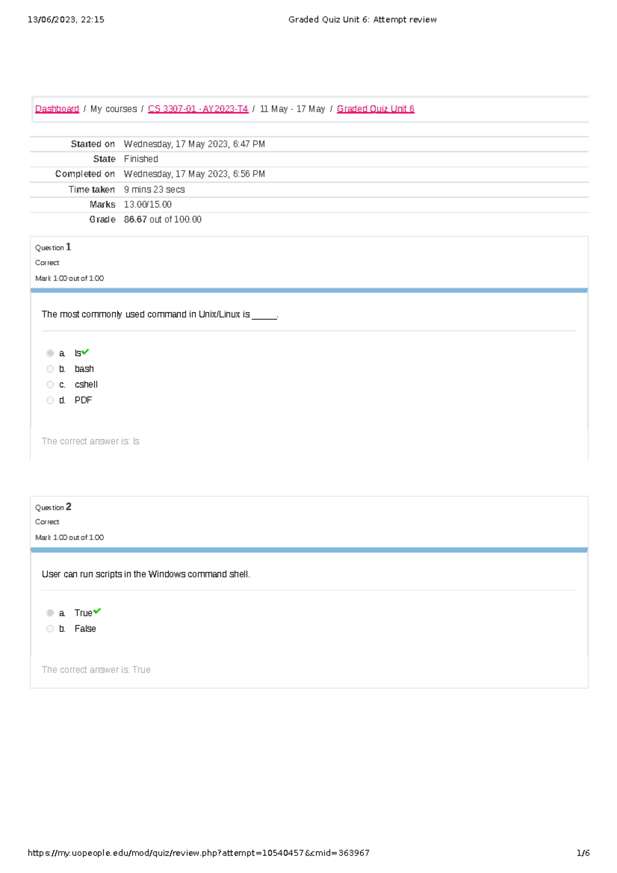 Graded Quiz Unit 6 CS 3307-01 Operating Systems 2 - Started on ...