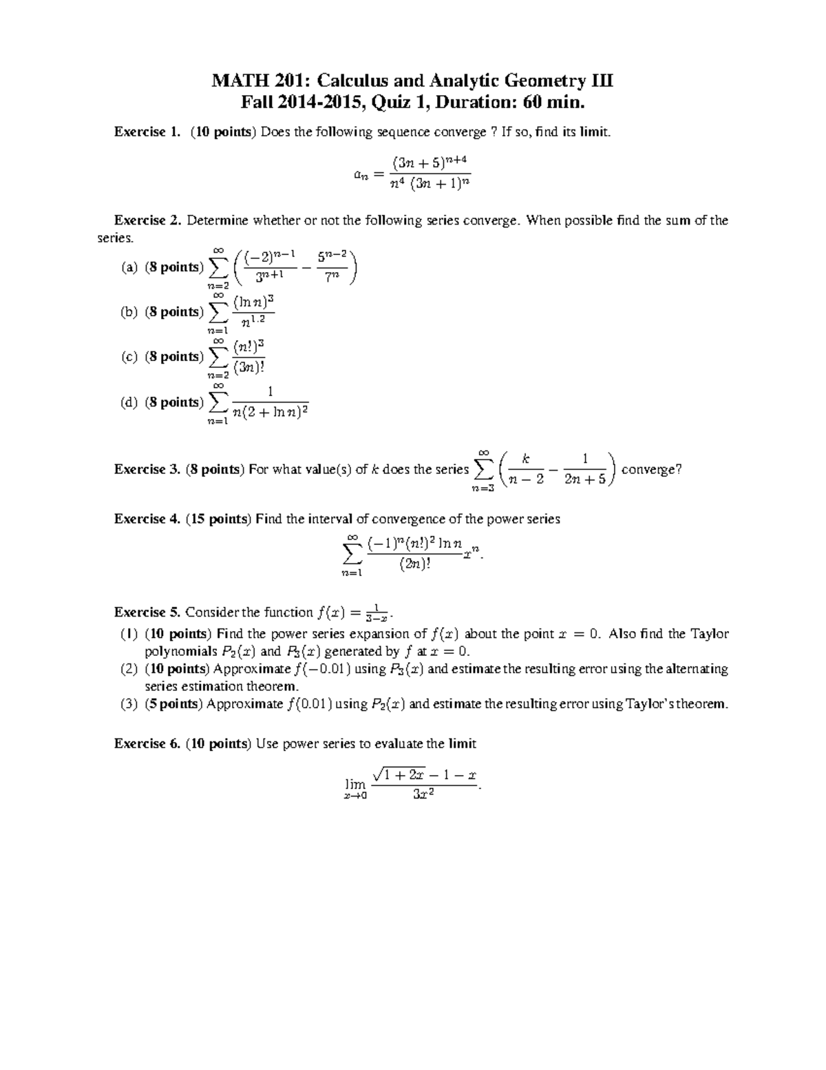 Quiz1 Fall 2014 - prev - MATH 201: Calculus and Analytic Geometry III Fall 2014-2015, Quiz 1 ...