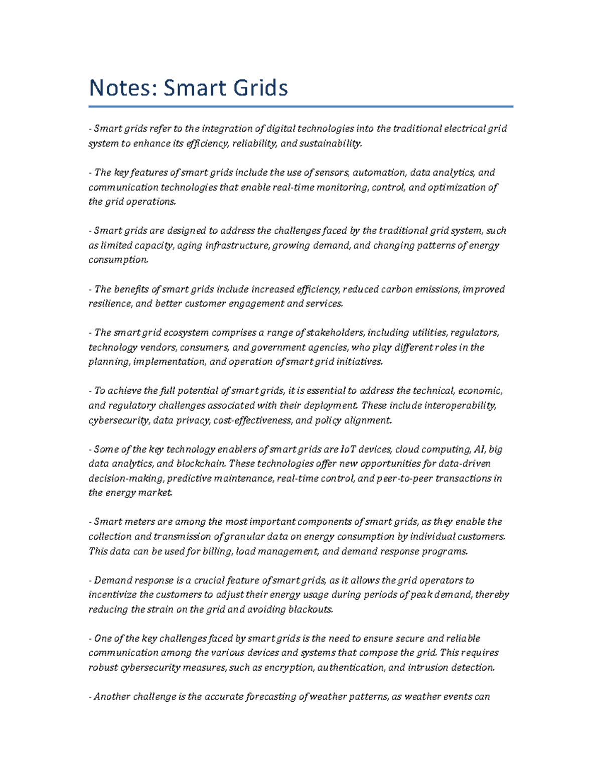 Lecture Notes - Smart Grids - Notes: Smart Grids Smart grids refer to ...