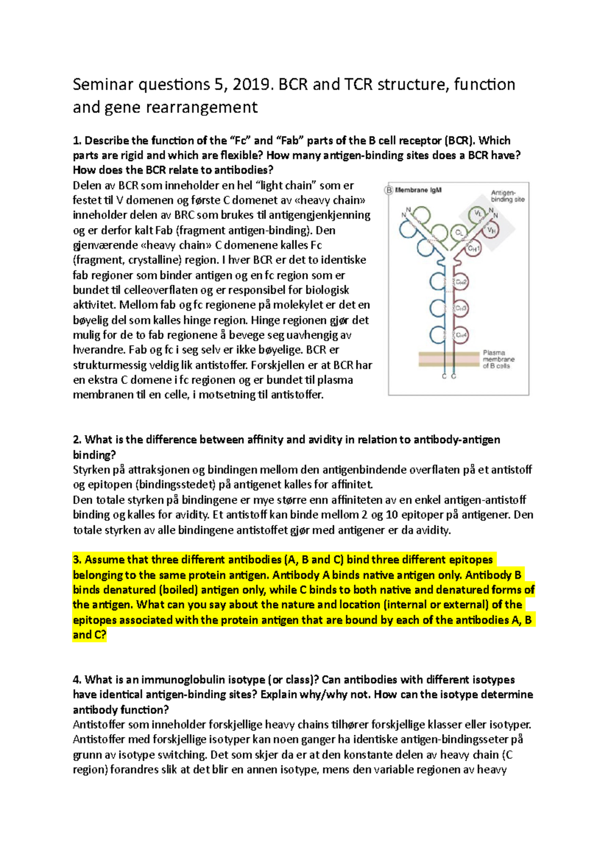 Seminar questions 5 - BCR and TCR structure, function and gene ...