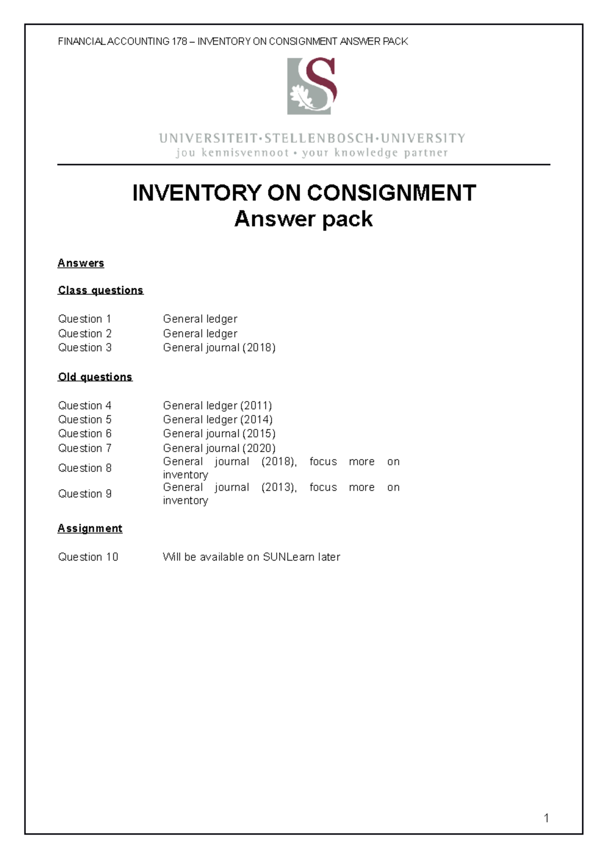 4. Inventory on Consignment - answer pack 2021 - 13735 - SUN - Studocu