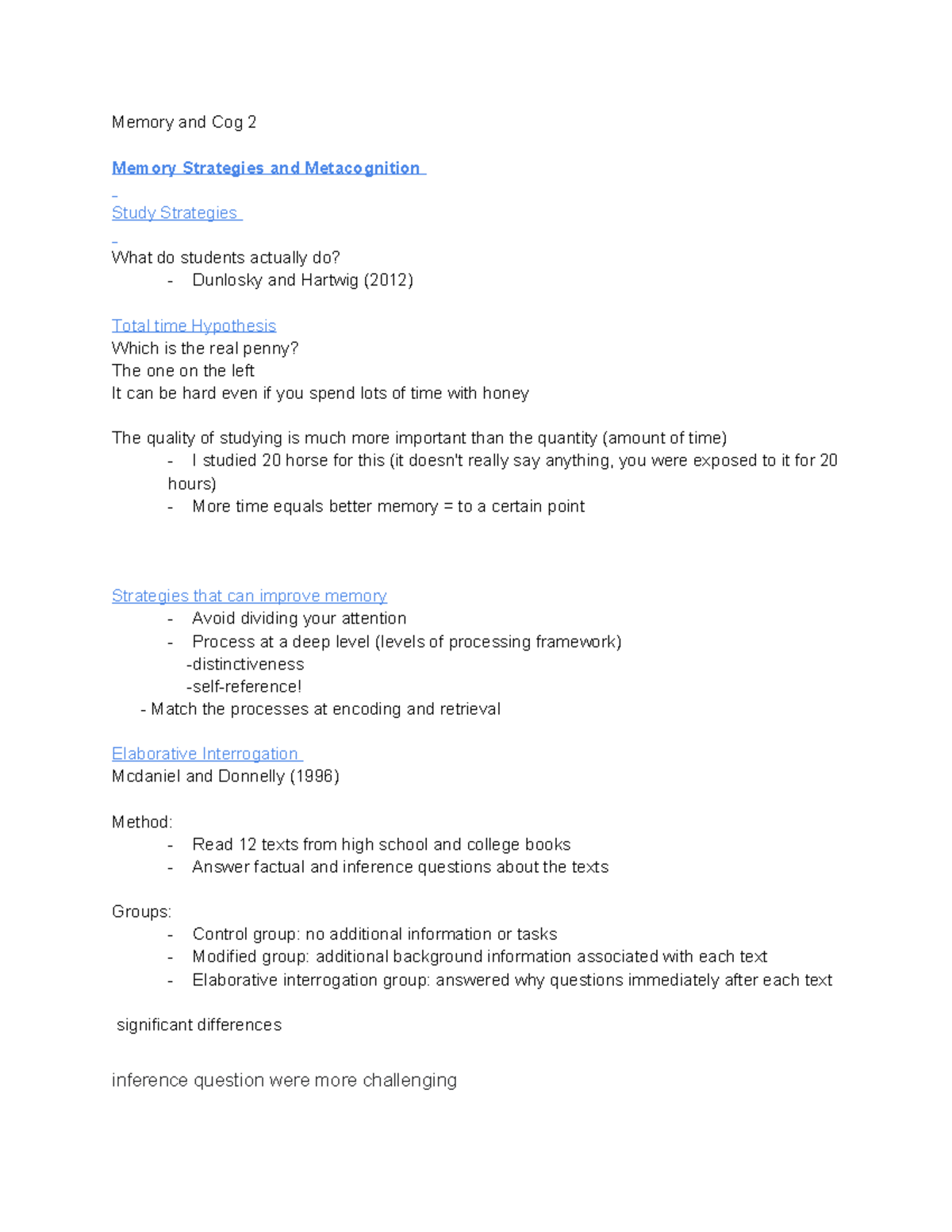 Memory and Cog 2 - 0 days between sessions 2. 1 day between sessions 3 ...