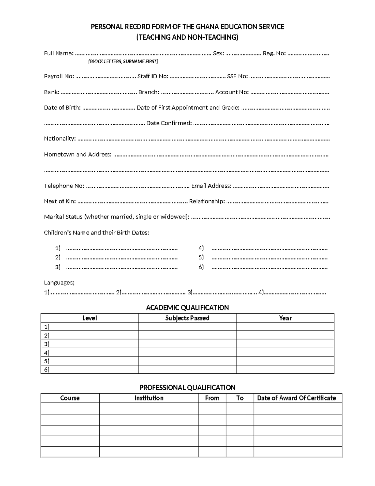 GES Personal Records FORM - PERSONAL RECORD FORM OF THE GHANA EDUCATION ...