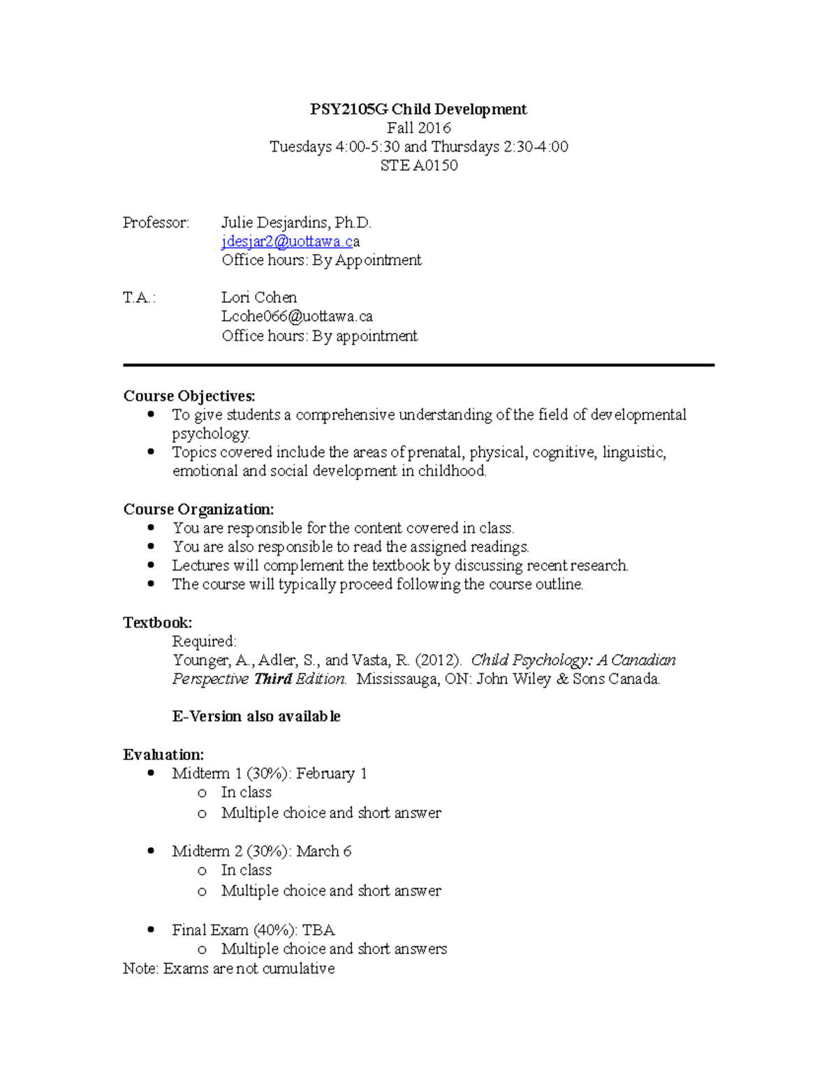 Syllabus - PSY2105G Child Development Fall 2016 Tuesdays 4:00-5:30 and ...