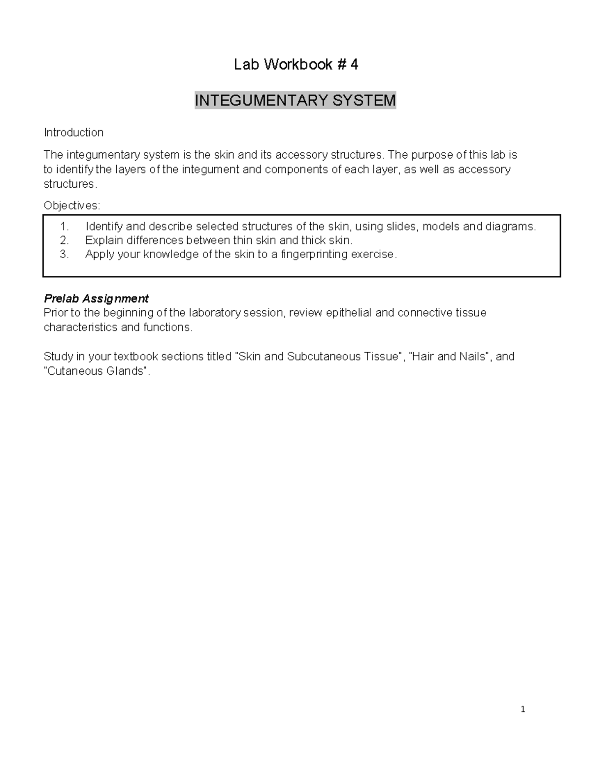 Ch 4 Integumentary System-1 (1) - Lab Workbook # 4 INTEGUMENTARY SYSTEM ...