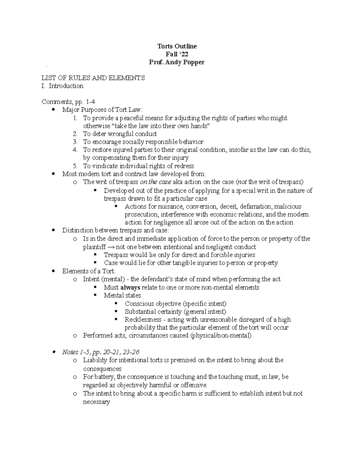 Torts Rules Outline - Torts Outline Fall ‘ Prof. Andy Popper LIST OF ...