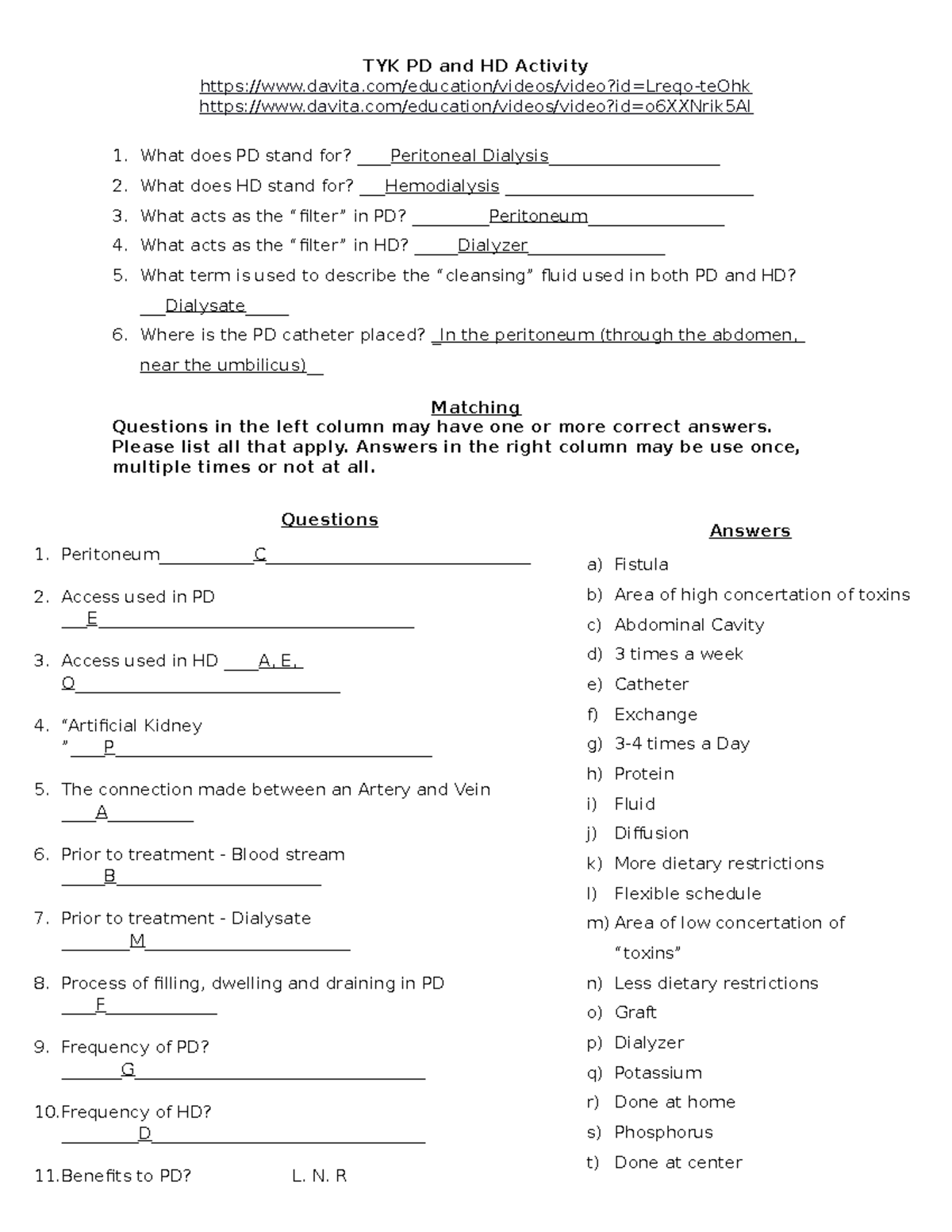 TYK PD and HD - Homework - TYK PD and HD Activity davita/education ...