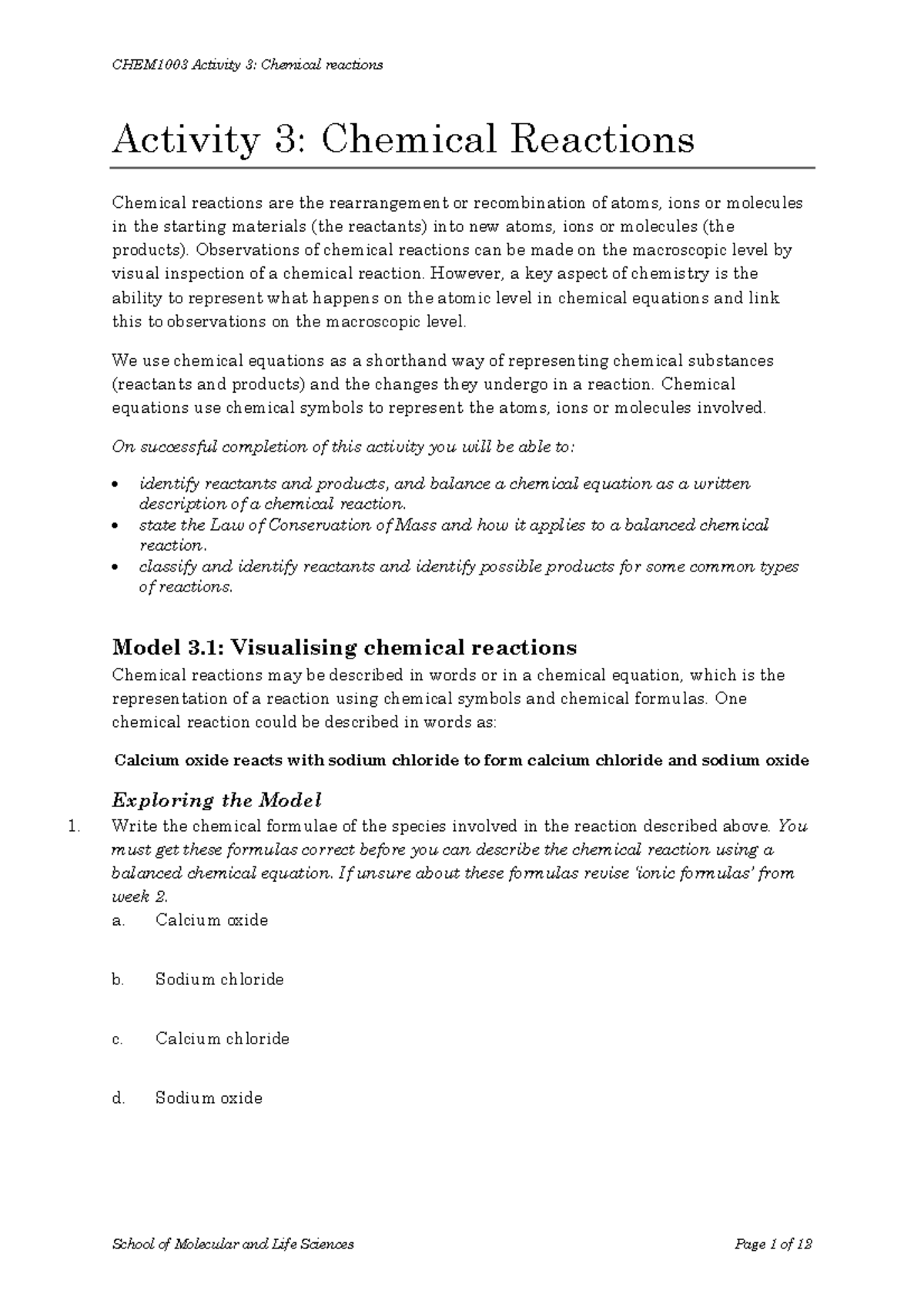 Activity 3 - Activity 3: Chemical Reactions Chemical reactions are the ...