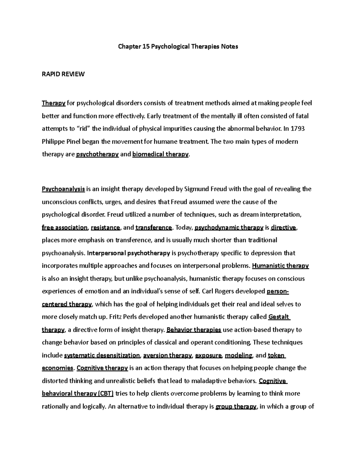 Chapter 15 Psychological Therapies Notes - Early treatment of the ...