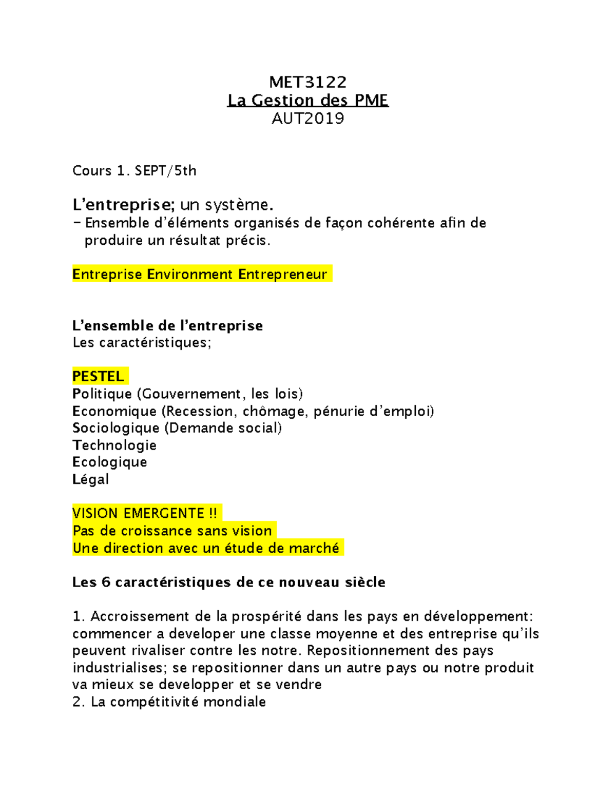 Cours 1 - PME et leur defis PDF - MET La Gestion des PME AUT Cours 1. SEPT/5th L’entreprise; un ...