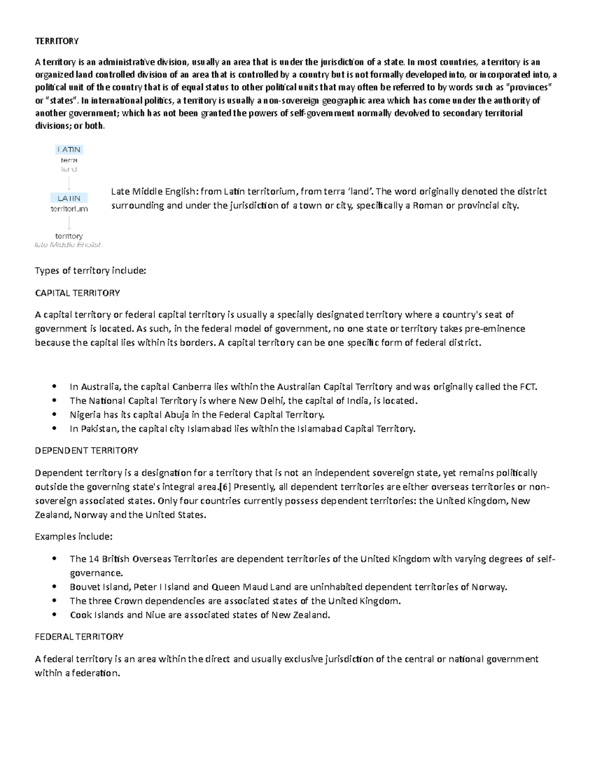 Territory - Lecture notes 1 - TERRITORY A territory is an ...