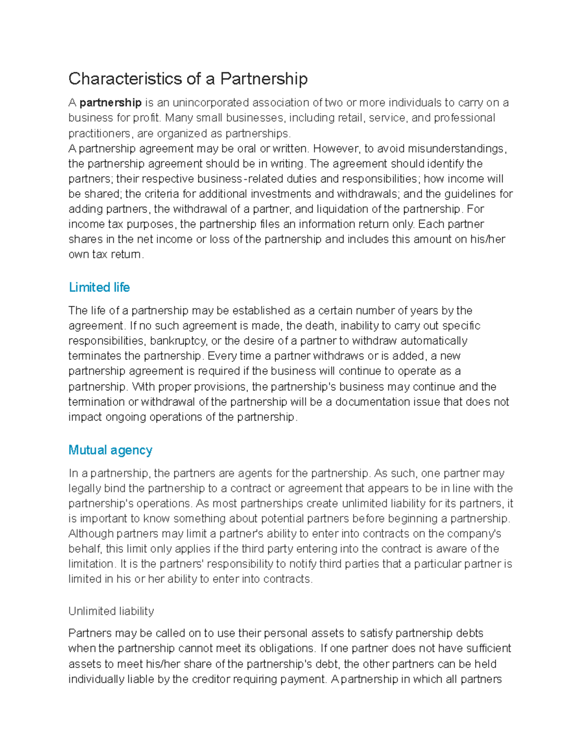 Characteristics of a Partnership - Many small businesses, including ...