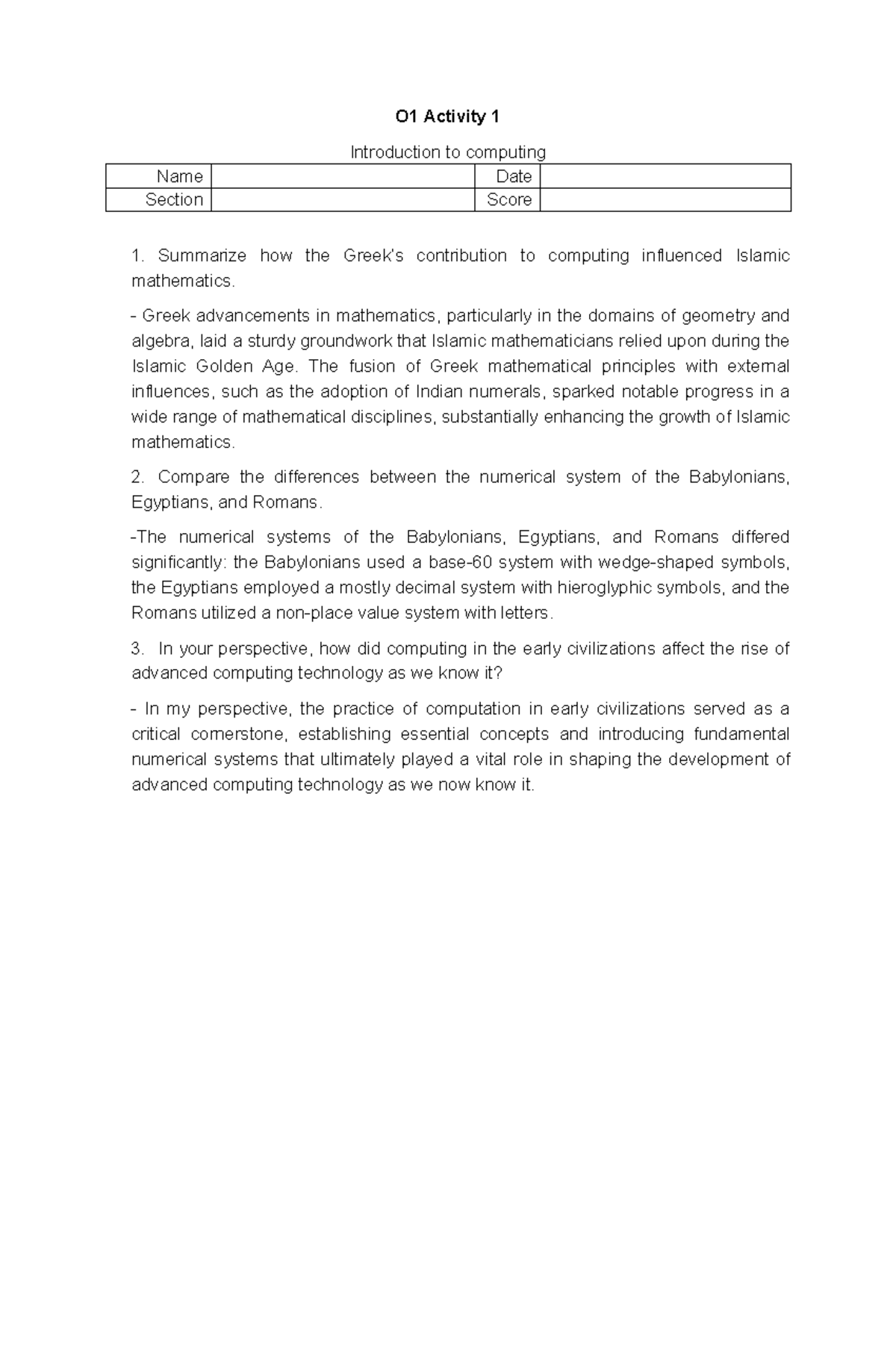 01 Activity 1 Intro To Computing O1 Activity 1 Introduction To Computing Name Date Section 