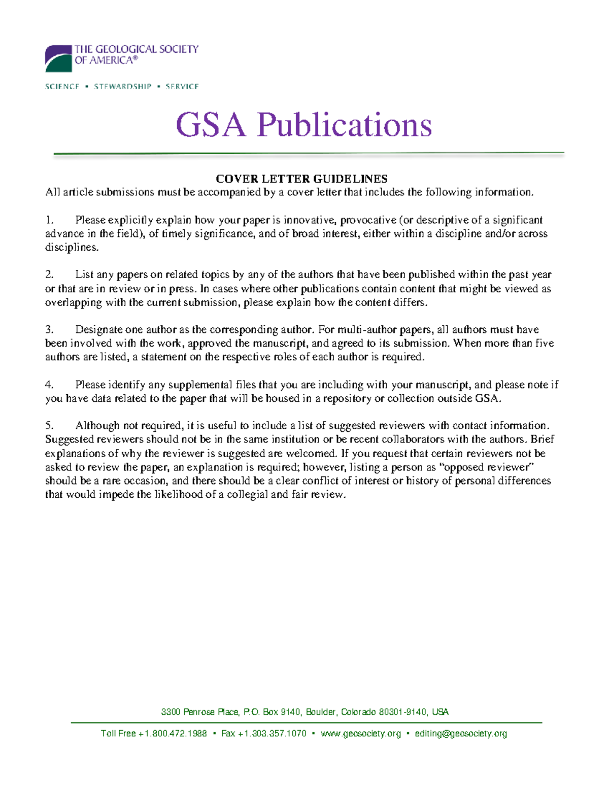 Cover Letter - GSA Publications 3300 Penrose Place, P. Box 9140 ...
