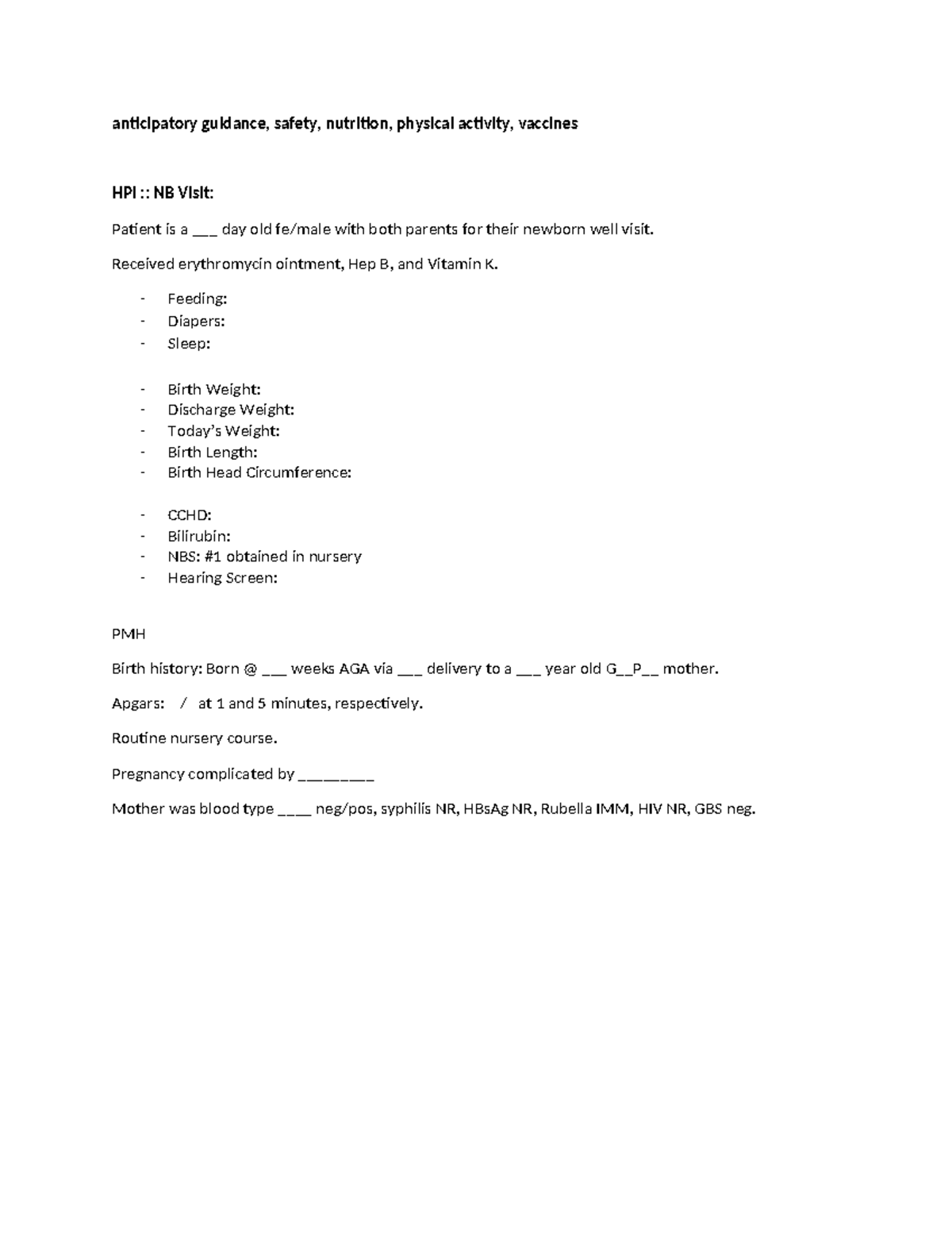 NB HPI example - anticipatory guidance, safety, nutrition, physical ...