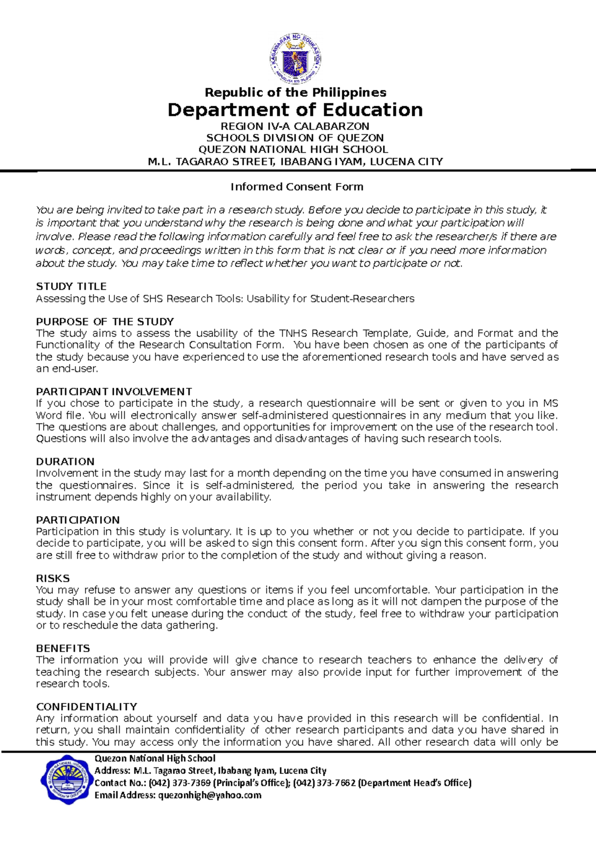 Research Tool Consent Form 1 - Republic of the Philippines Department ...