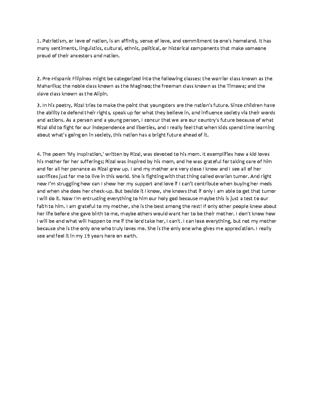 Assignment In Rizal 1 - Patriotism, or love of nation, is an affinity ...
