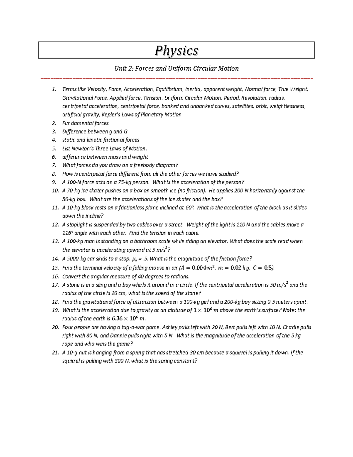 Physics Unit 02 Review - study guide - PPhhyyssiiccss Unit 2: Forces ...
