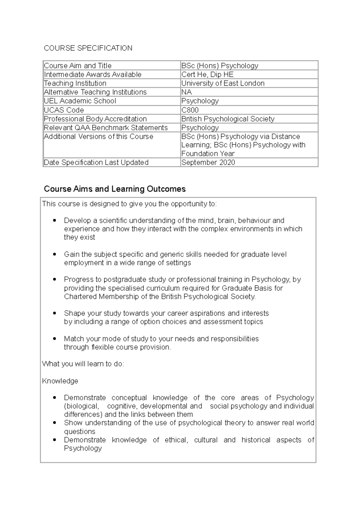 BSc Hons Psychology v20 - COURSE SPECIFICATION Course Aim and Title BSc ...