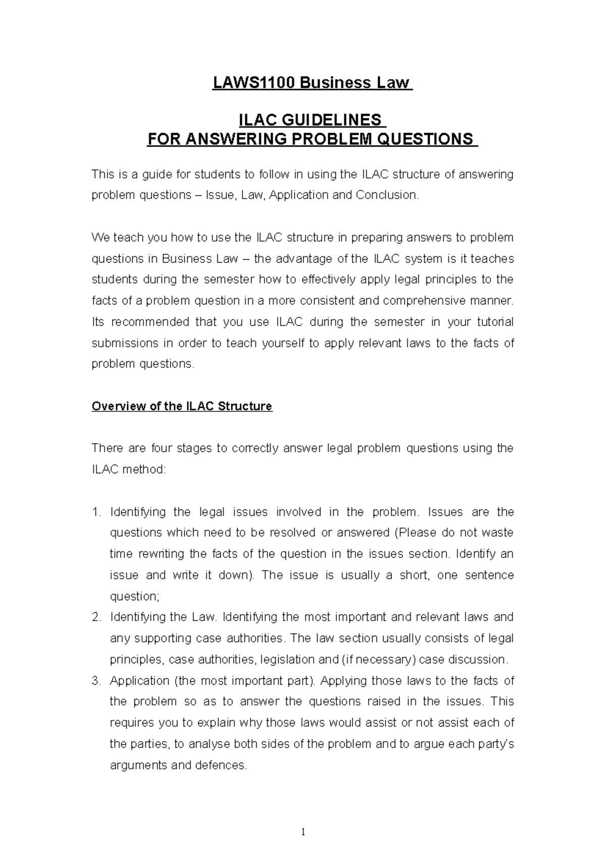 Sem2 2018 - Guide to ILAC - LAWS1100 Business Law ILAC GUIDELINES FOR ...