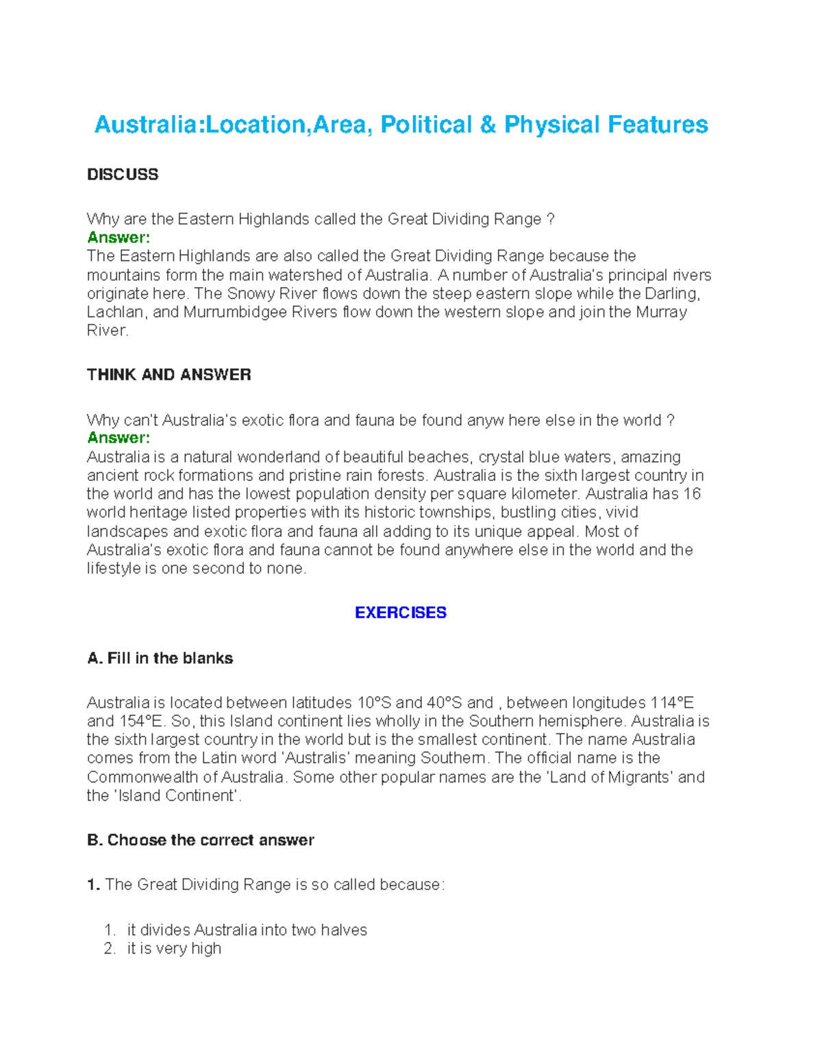 Australia Location,Area, Political Physical Features ...