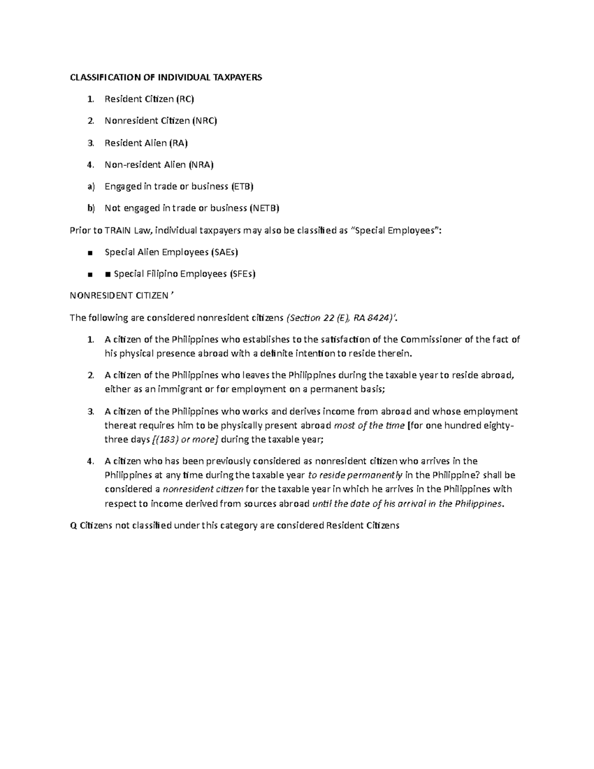 Classification OF Individual Taxpayers - Taxation - Studocu