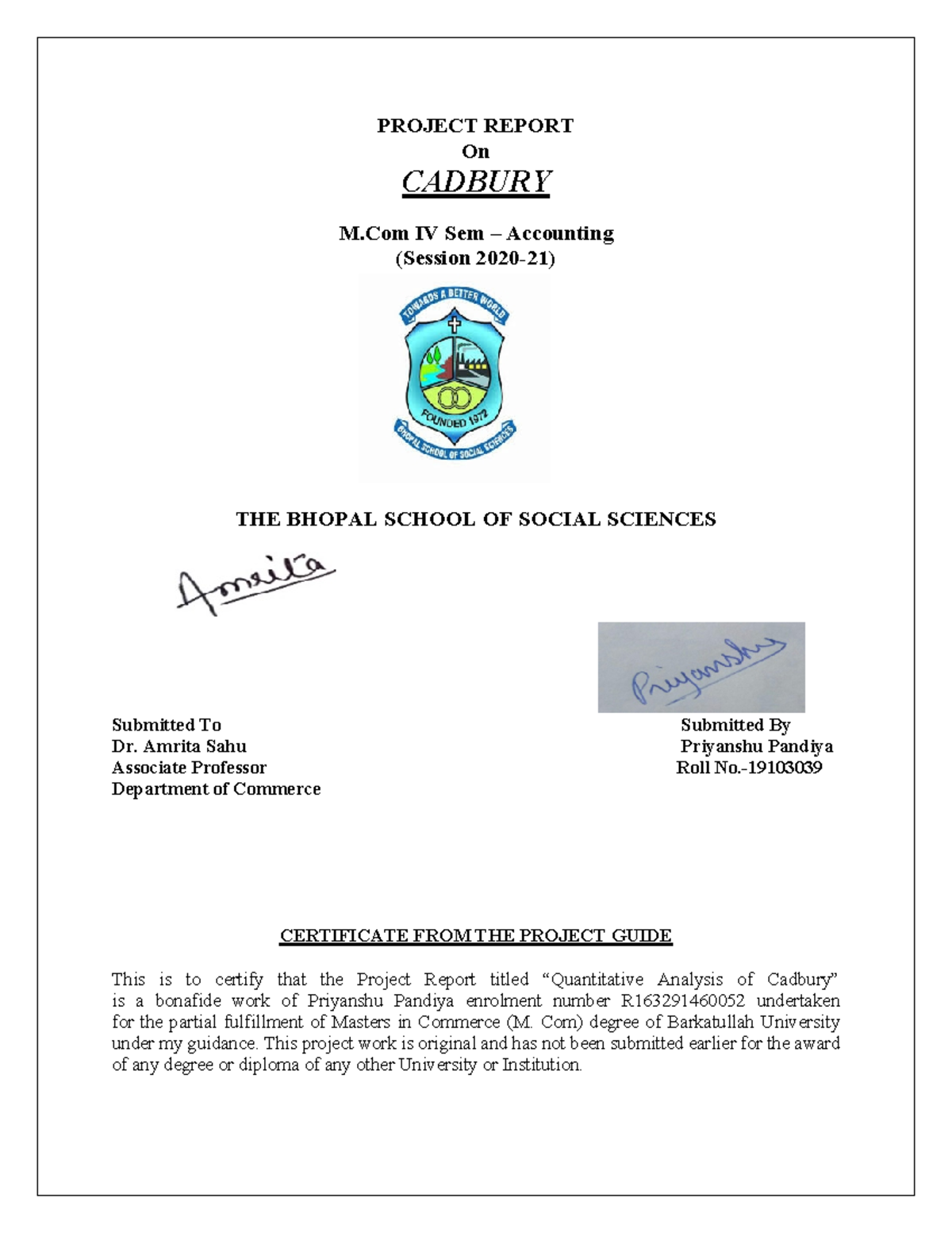 209 Priyanshu Pandiya - Project - PROJECT REPORT On CADBURY M IV Sem ...