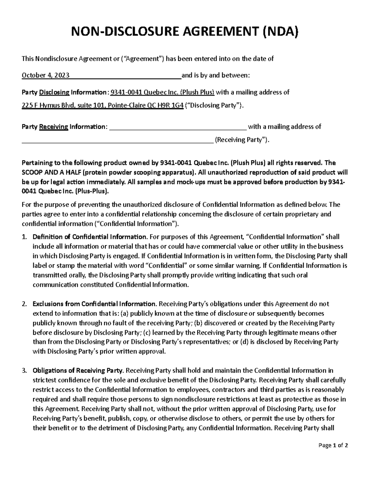 Plush PLUS NON- Disclosure - Page 1 of 2 NON-DISCLOSURE AGREEMENT (NDA ...