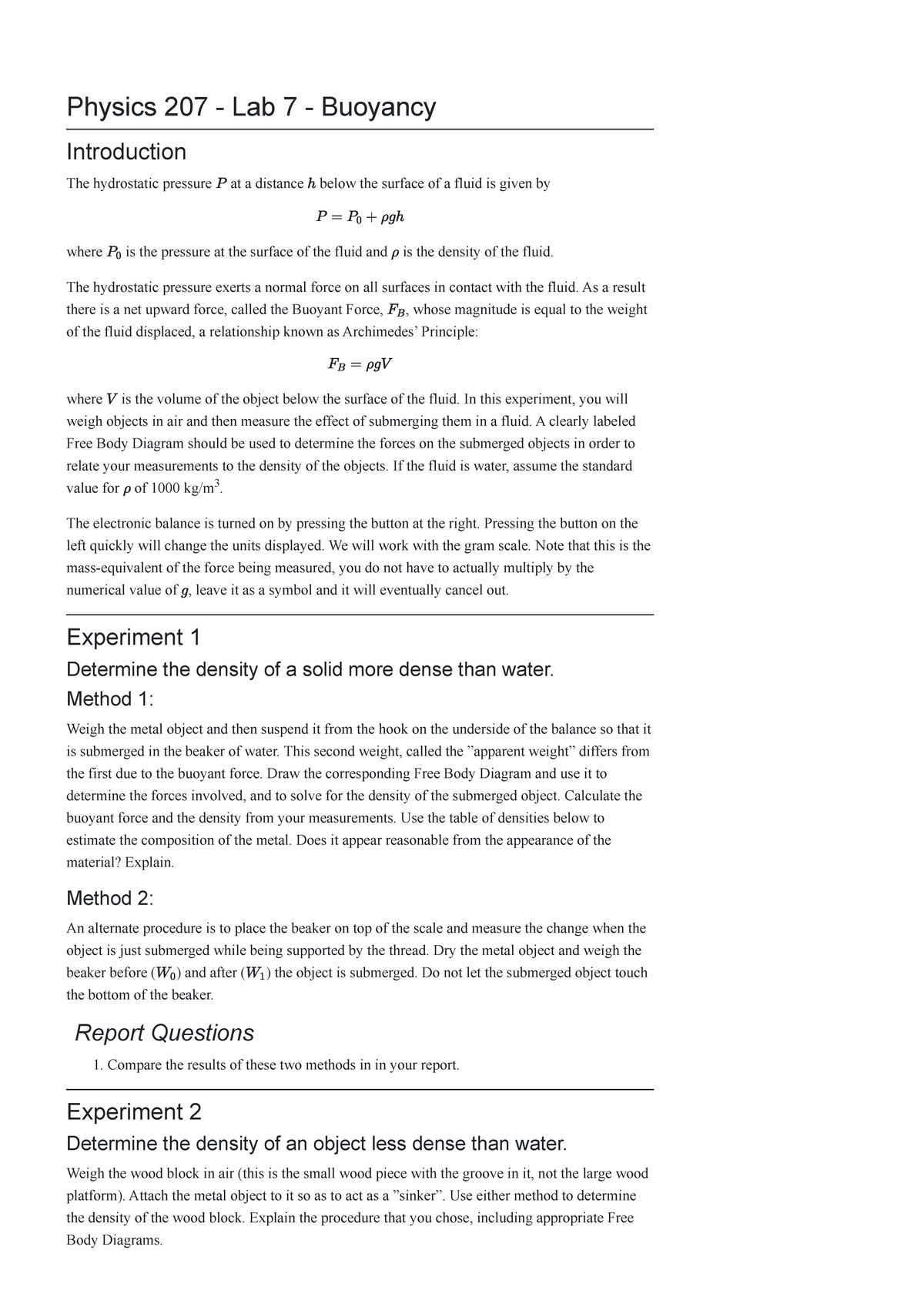 Buoyancy lab - physics lab - Physics 207 - Lab 7 - Buoyancy Introduction The hydrostatic ...