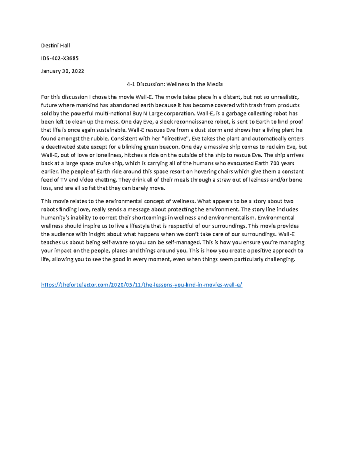 4-1 Discussion: Wellness in the Media - Destini Hall IDS-402-X January ...