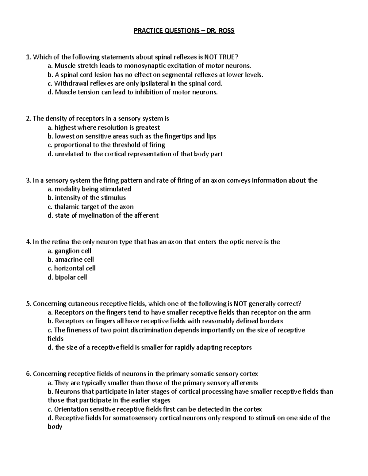 Dr Ross-Practice Questions 457060395 - PRACTICE QUESTIONS – DR. ROSS ...