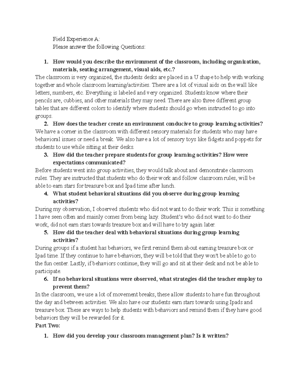 ELM 250 Field Experience A - Field Experience A: Please answer the ...