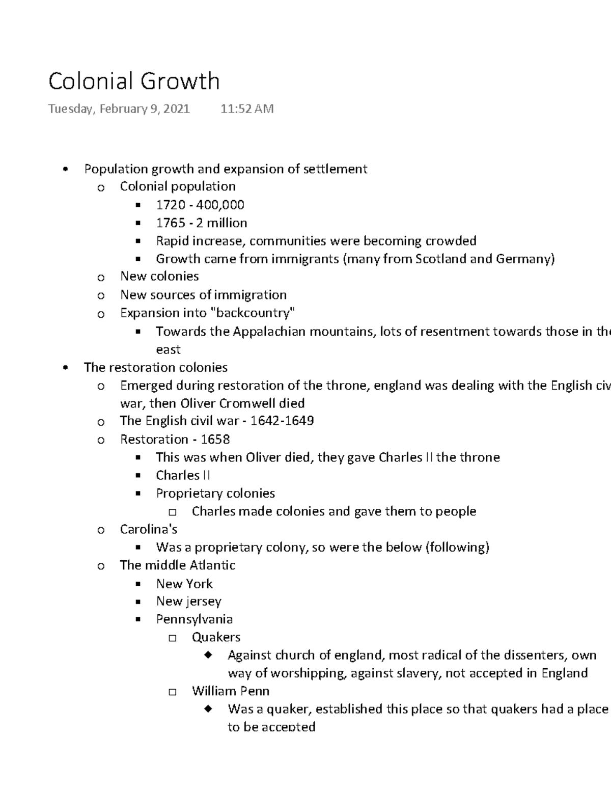 Colonial Growth - Lecture notes 5 - Population growth and expansion of ...