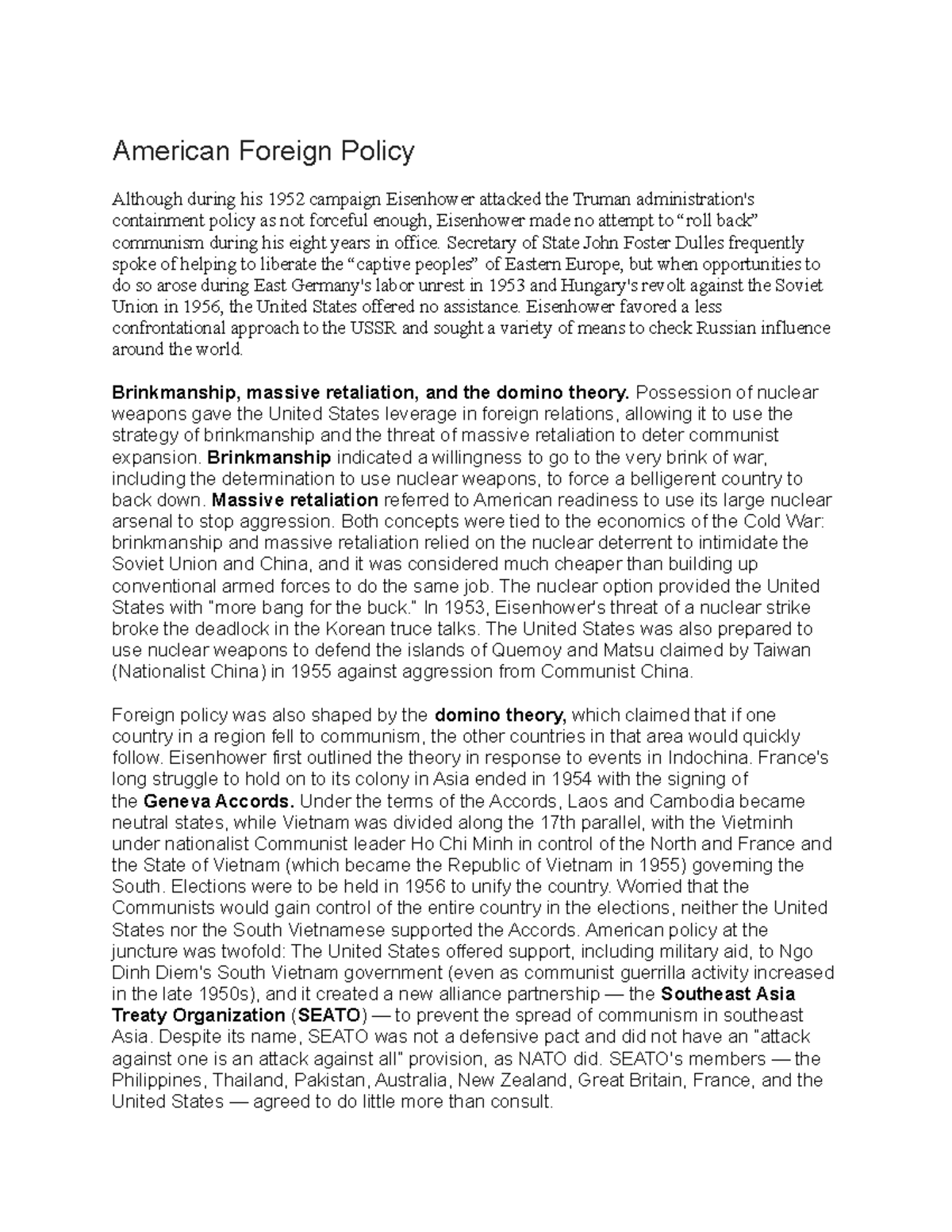 American in the 50s - typed in class - American Foreign Policy Although ...