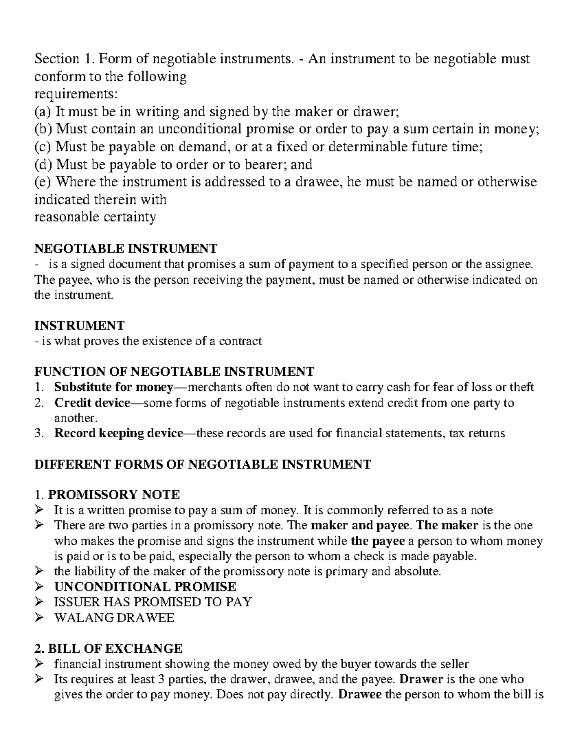 Moisessssssss - notes on negotiable instruments - Section 1. Form of ...